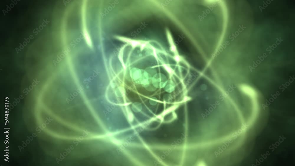 Glowing atom and energy plasma with particles in orbit, extreme closeup ...