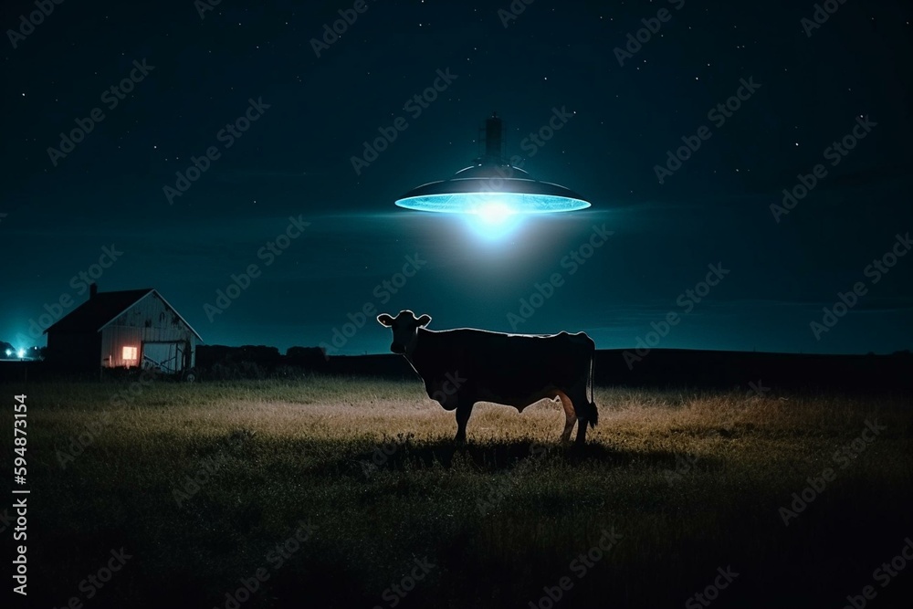 Cow in the tractor beam of a UFO over a pasture at night, created with ...