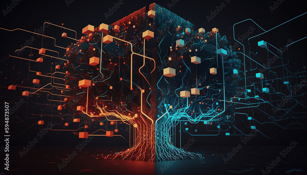 Image of a tree connectad network cyber data with dots and lines ...