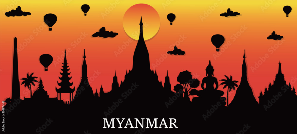 Myanmar top famous landmark style, travel and tourism, vector ...