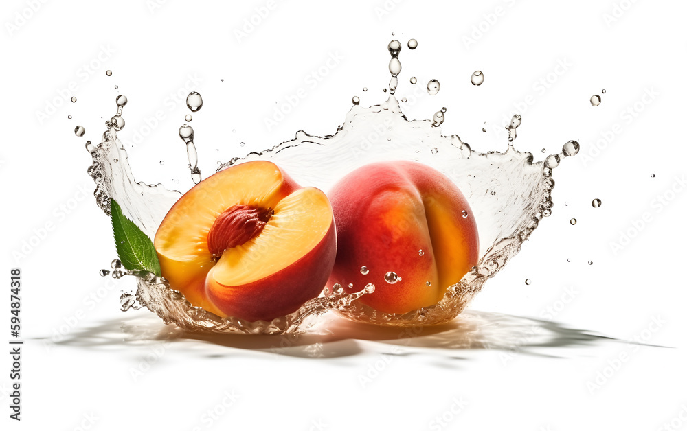 Fresh whole and half peach with water splash on white background. Fresh ...