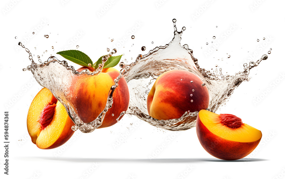 Half Of the Peach fruit with water splash isolated on white background ...