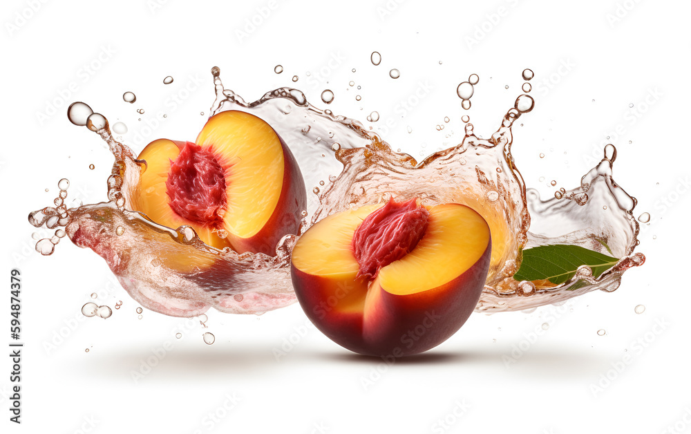 Half Of the Peach fruit with water splash isolated on white background ...