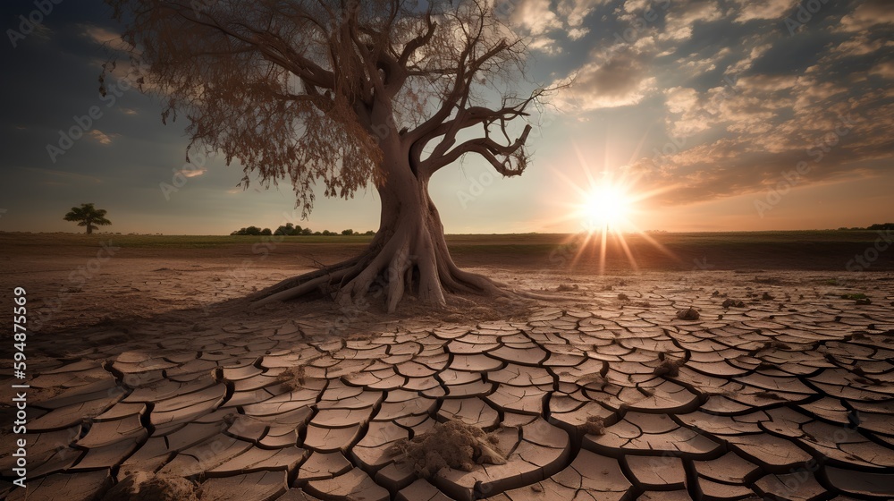 Cracked Earth and wilted tree depict severe drought caused by climate ...