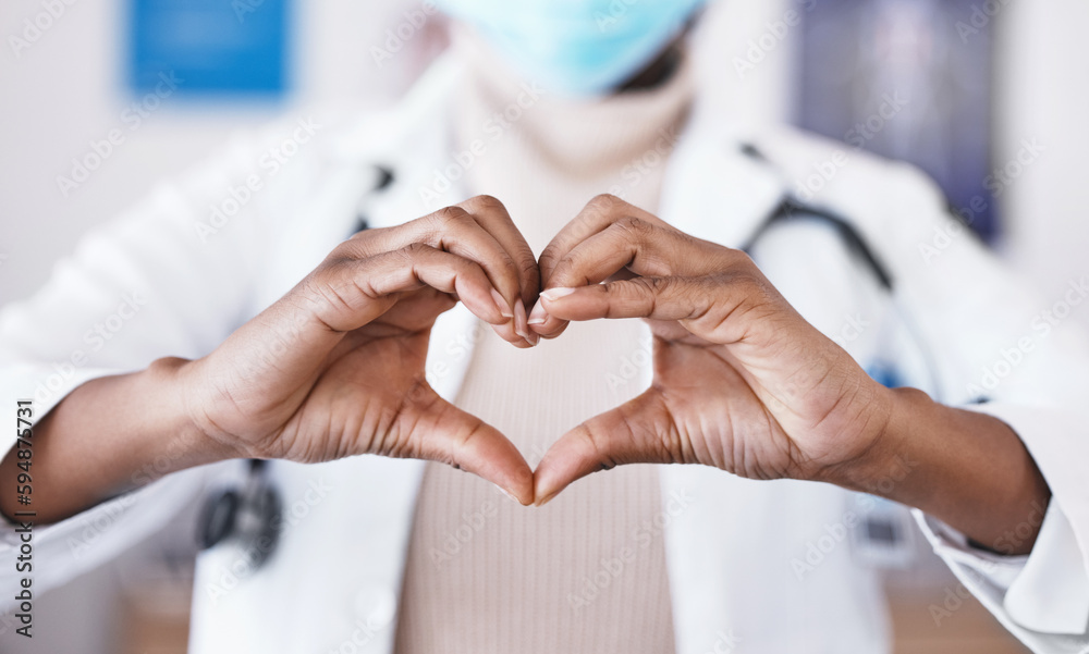 Doctor, hands and heart sign for healthcare or love and care for career ...