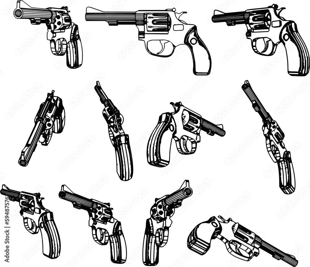 Revolver gun silhouette set, Pistol 3d model illustration rendered from ...