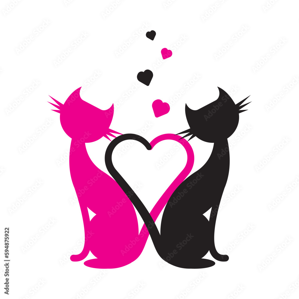 Romantic love cats silhouettes with hearts, a romantic greeting card ...