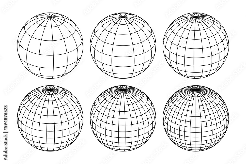 Globe grid spheres. Striped 3D spheres, geometry globe grid, earth latitude and longitude line ...