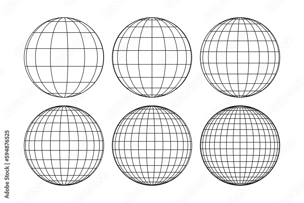 Globe grid spheres. Striped 3D spheres, geometry globe grid, earth latitude and longitude line ...