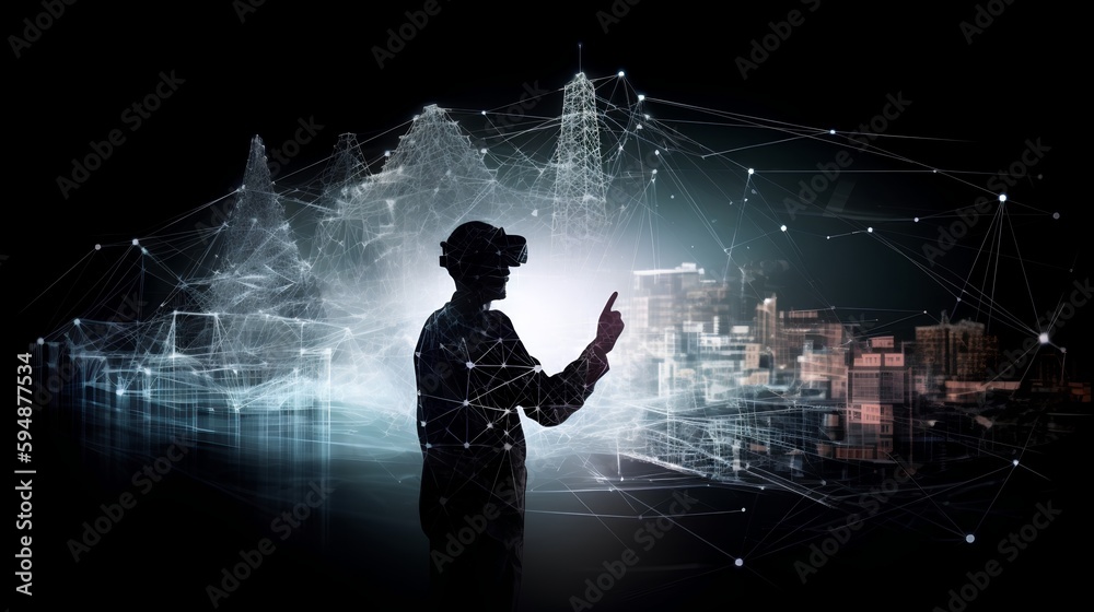 Double exposure image of person using immersive technology, with ...