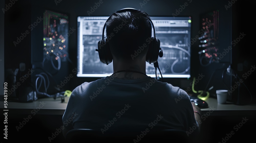 IT professional providing tech support, seen from the back, working in ...