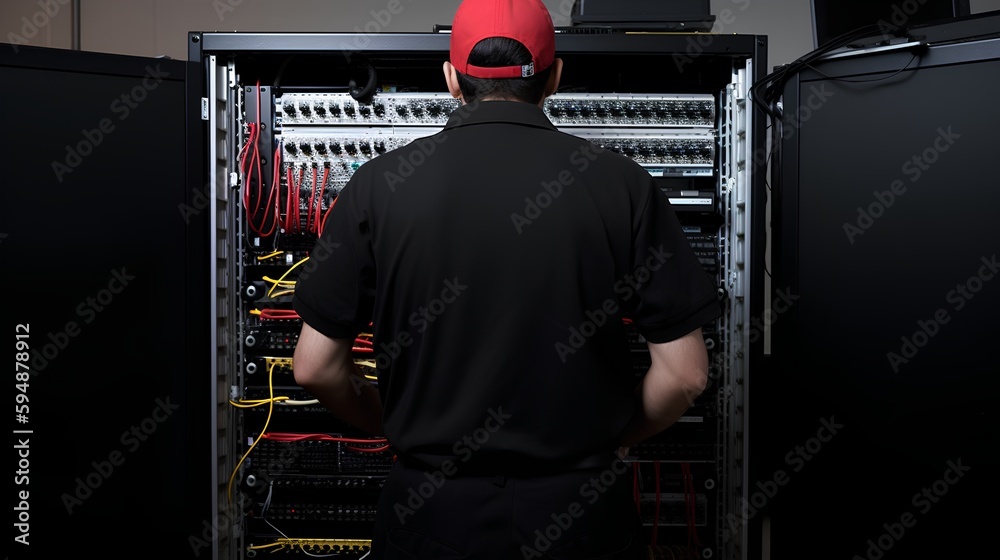 IT professional providing tech support, seen from the back, working in ...
