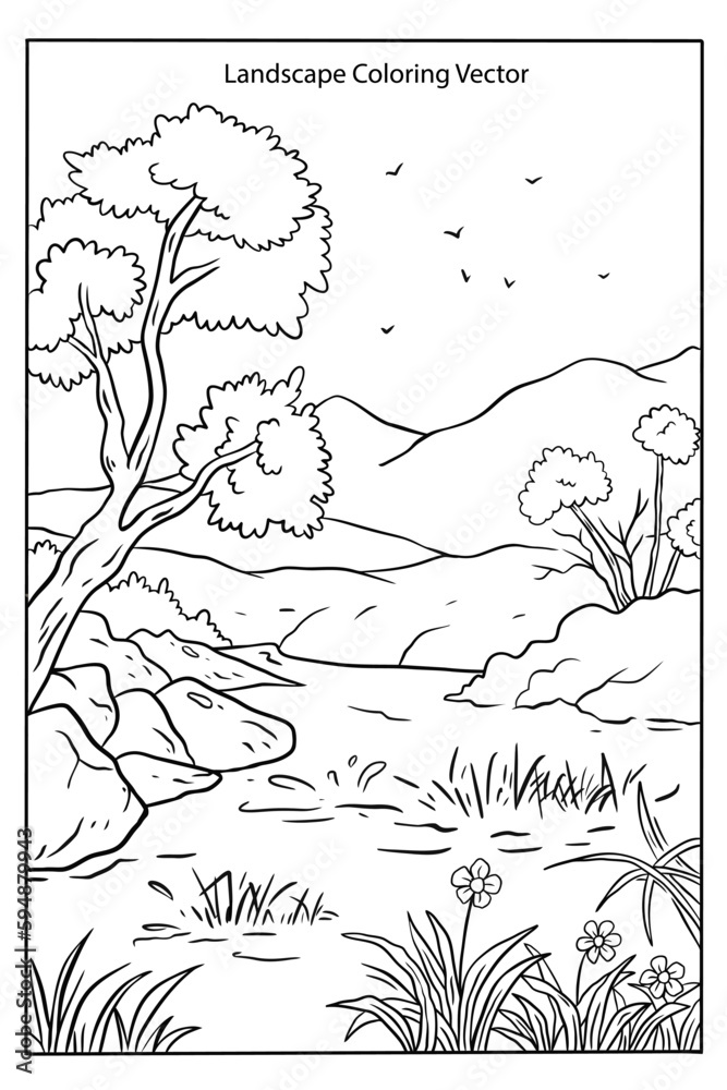 Coloring page for kids with landscape theme Stock Vector | Adobe Stock