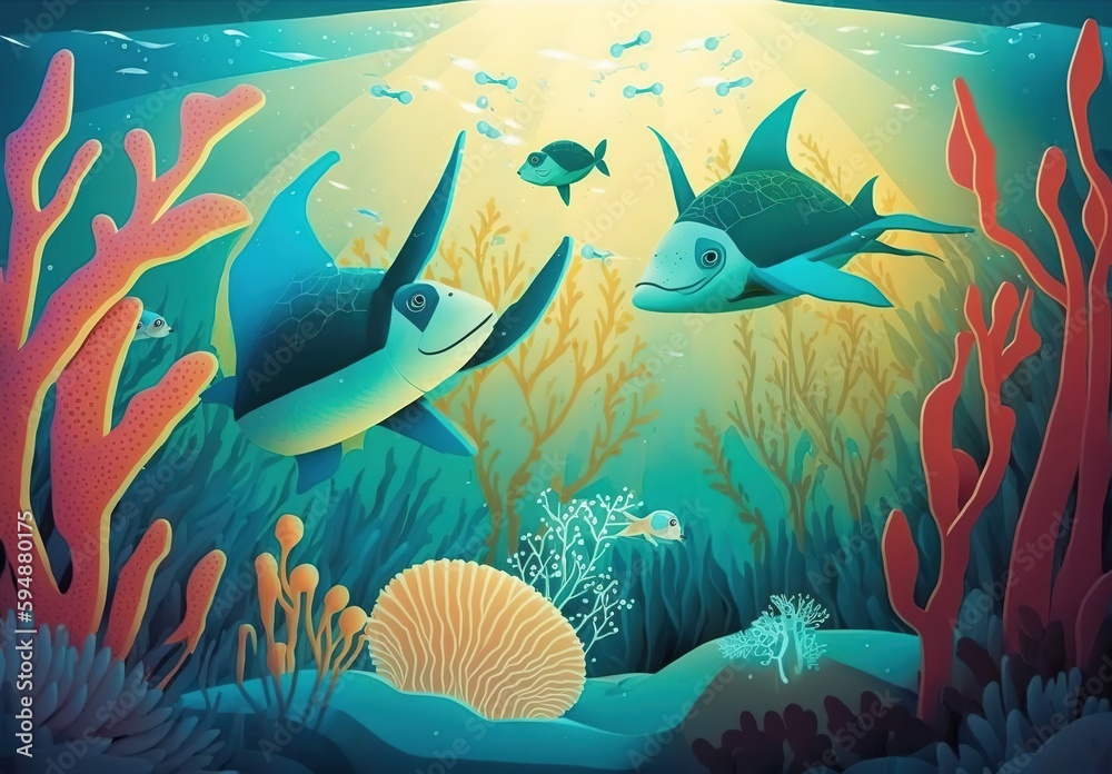 World Oceans Day. Underwater ocean, dolphin, shark, coral, sea plants ...