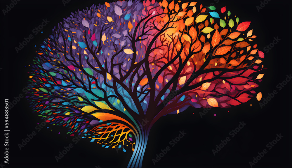 Colorful human brain tree mental health concept illustration black ...