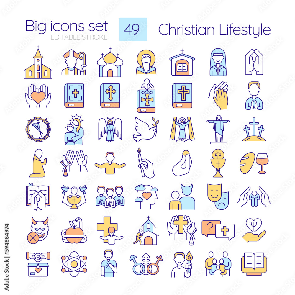 Christian lifestyle RGB color icons set. Religious traditions in modern ...