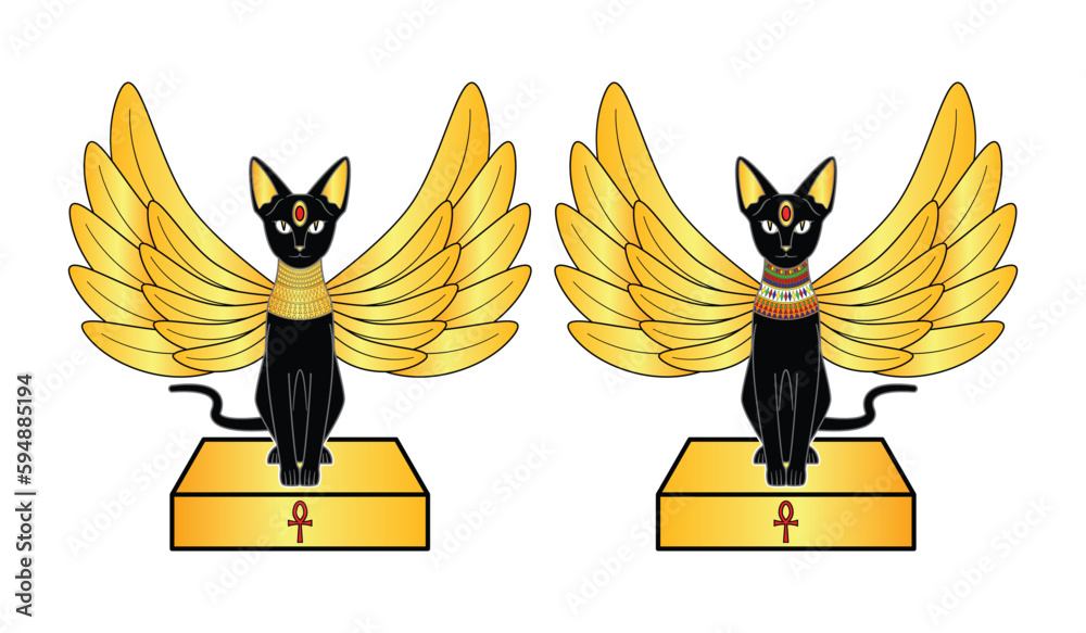 ancient Egypt black cat or pharaoh cat golden feathers or wings sit ...