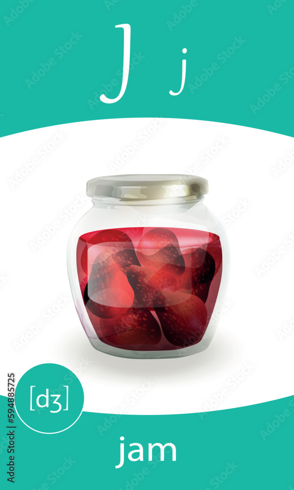 English alphabet flash card. Letter J study - jam. Kids ABC cards ...