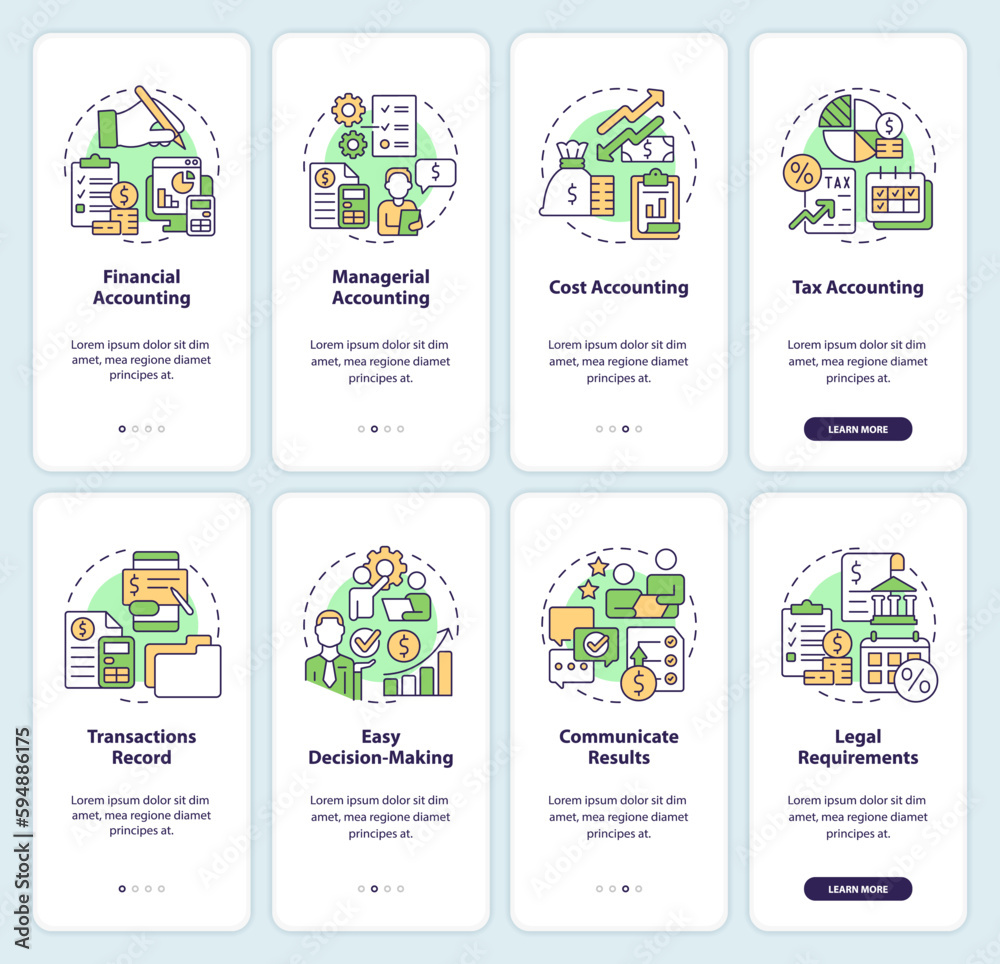 Accounting onboarding mobile app screen set. Types and importance ...