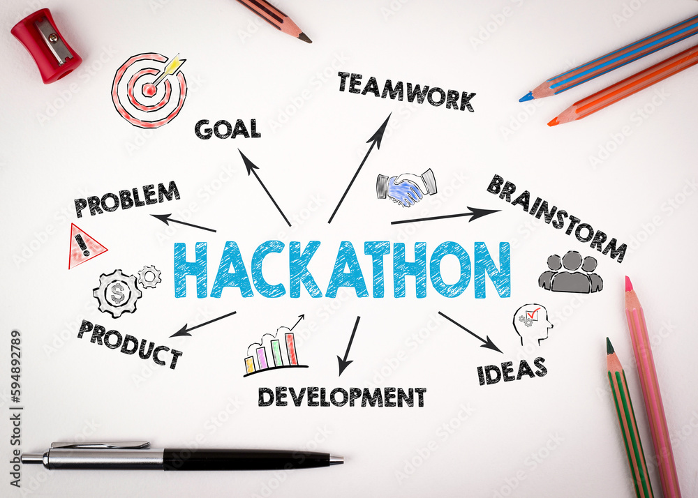 HACKATHON Concept. Chart with keywords and icons on white desk with ...