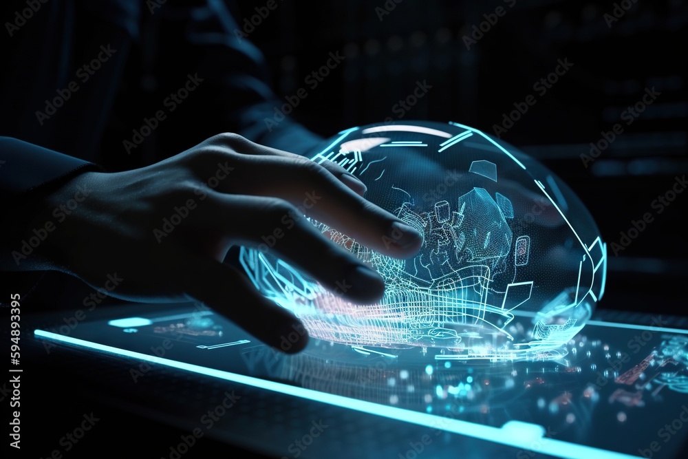 A Person Touching A Futuristic Object On A Laptop Screen With A Hand ...