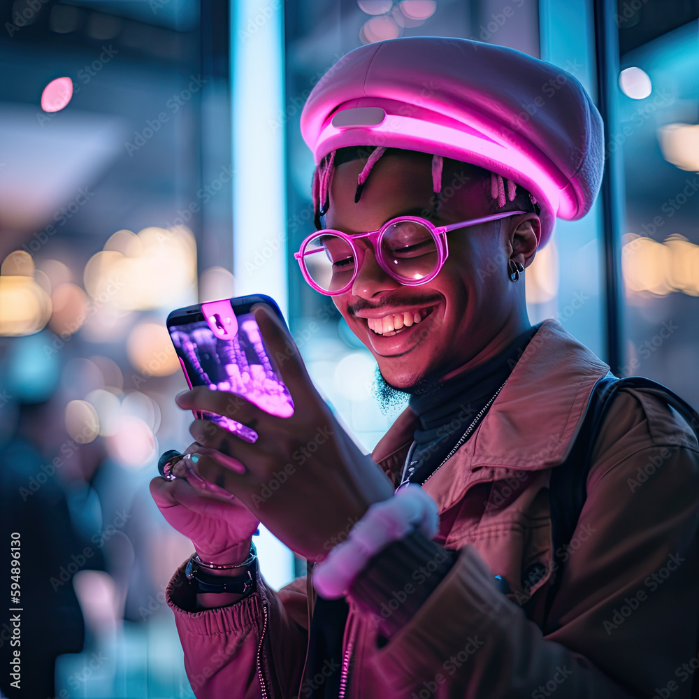 Portrait of a futuristic boy looking at his mobile phone in the city ...