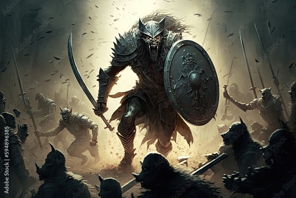 werewolf in battle, fighting with sword and shield against army of ...