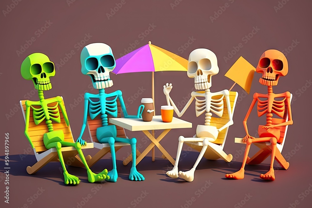 happy multi-colored cartoon skeletons relax in summer sun, created with ...