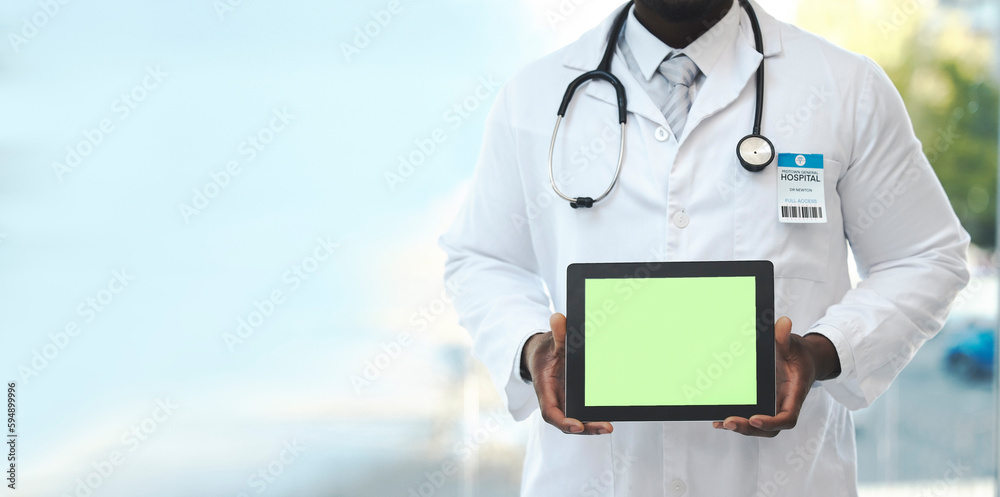 Hands, tablet and green screen with doctor in hospital for promotion ...