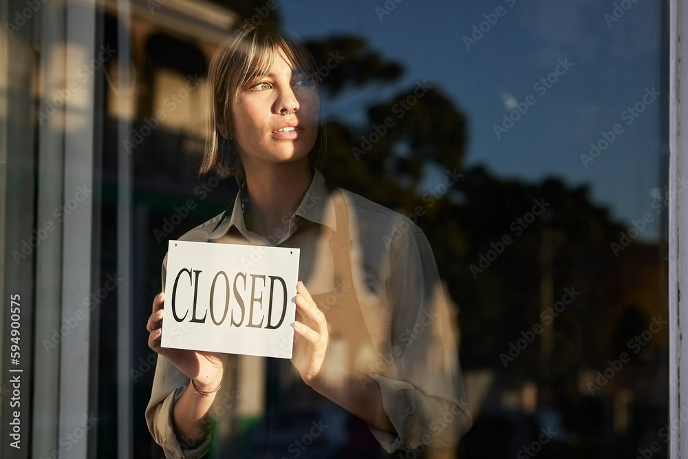 Business owner, inflation and woman with closed sign, announcement and ...
