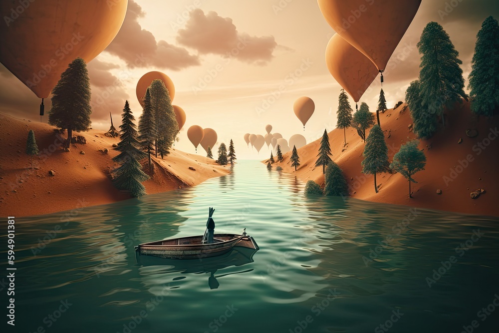 drowning in a surreal float landscape, with the water level rising and ...