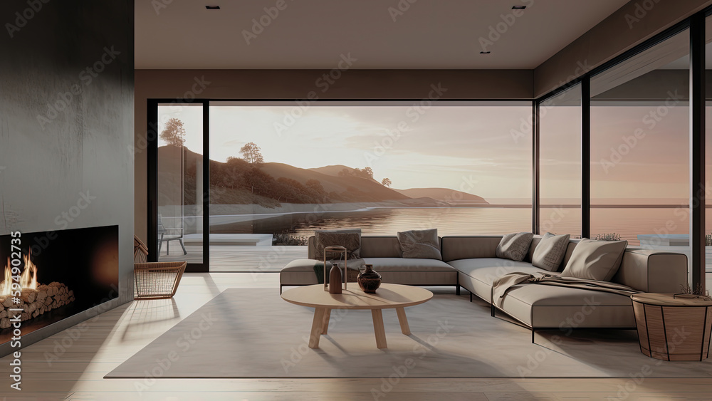 A living room in the oceanfront house with a comforting fireplace and ...