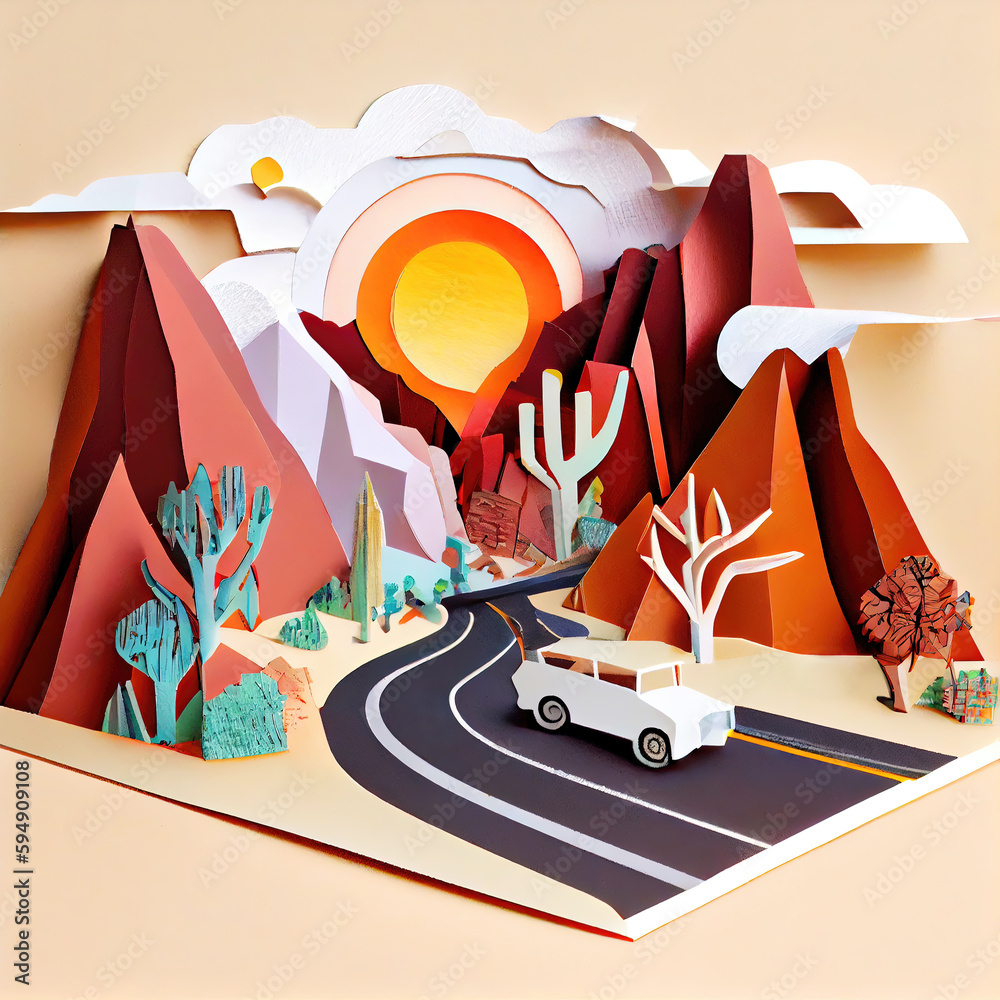 Car driving on highway as road trip concept in papercut style ...