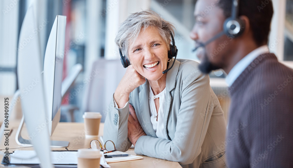 Foto de Call center, team talking and laughing woman in office with ...
