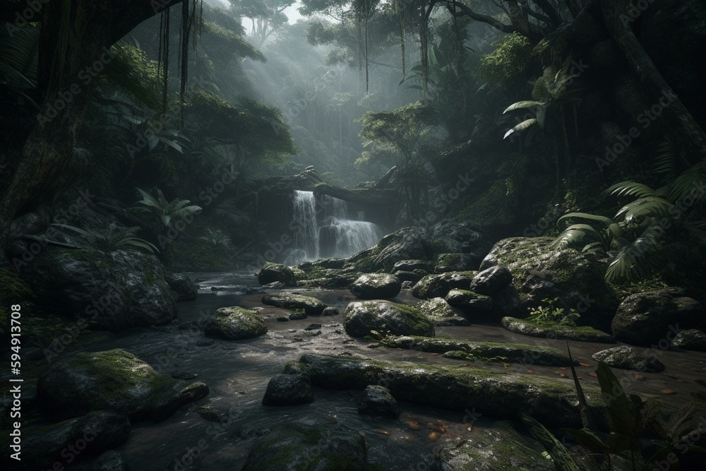 create a dense jungle scene with a waterfall and loss covered stones ...