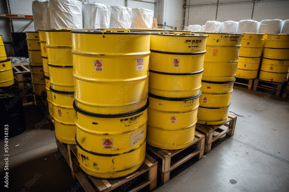 Flammable, acid, volatile, warning labels, mounted on hazardous ...