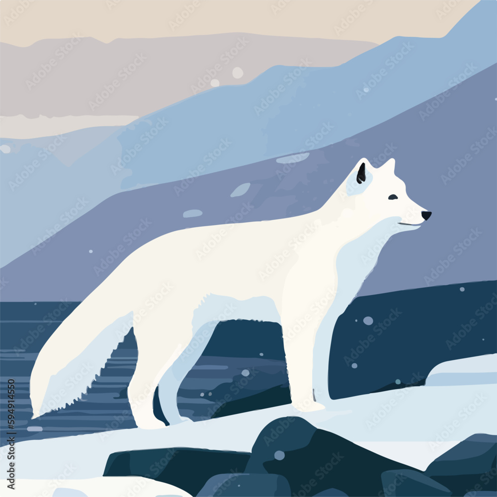 Arctic fox in snowy tundra. Arctic animals in natural habitat. Flat ...