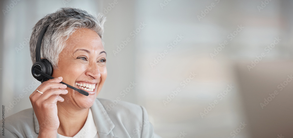 Callcenter consultant, senior woman and CRM, happy with mockup and ...