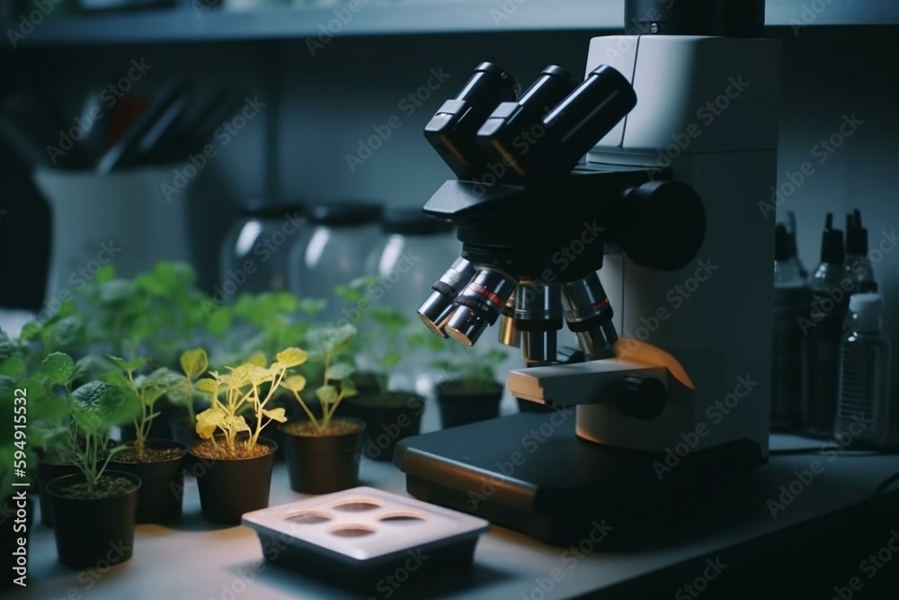 GMO geneticaly modified plants in laboratory. Research with microscope ...
