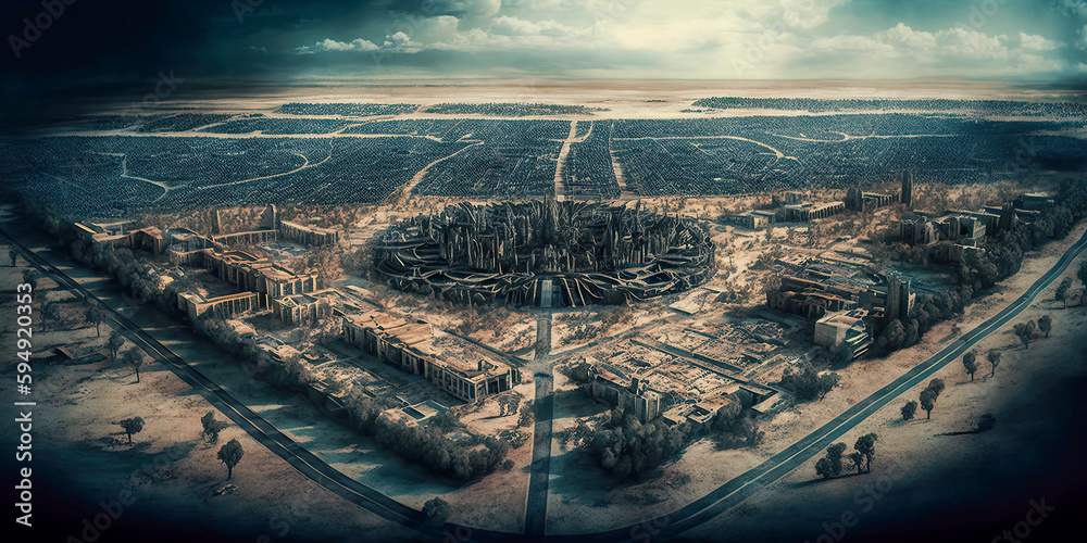An eerie aerial view of a city destroyed by a nuclear disaster. The ...