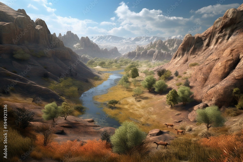 3D rendering of a valley in Hell Creek about 67 million years ago. The ...