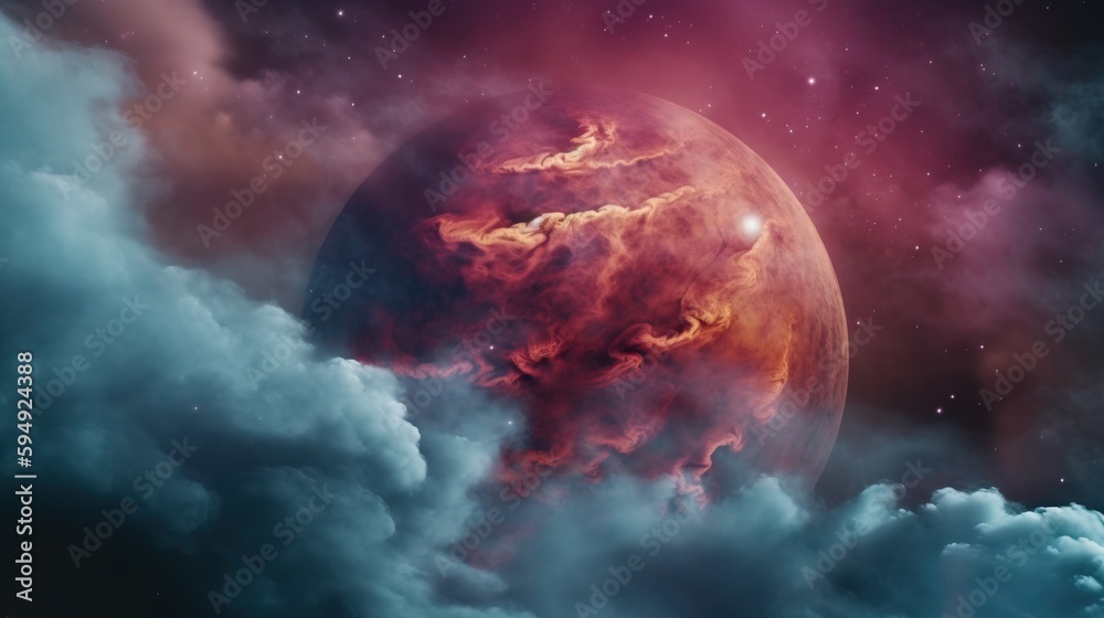 Huge glowing gas giant planet. Beautiful space background. Nebula blast ...