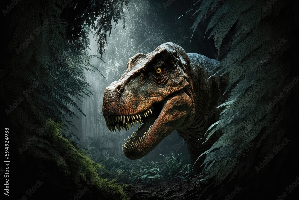 tyrannosaurus rex lurking in the shadows, waiting to attack its prey ...