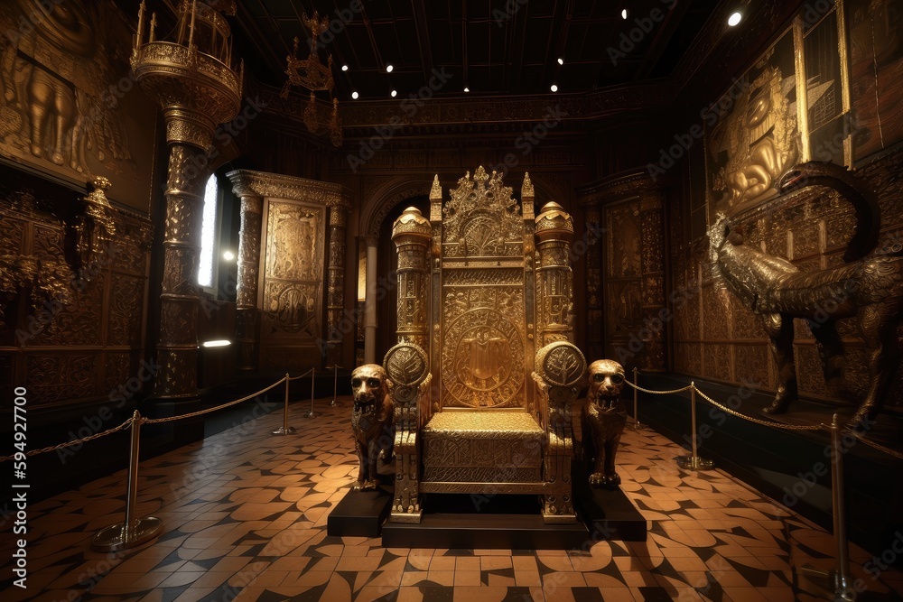 royal throne room in castle, with suit of armor and saber guards on ...
