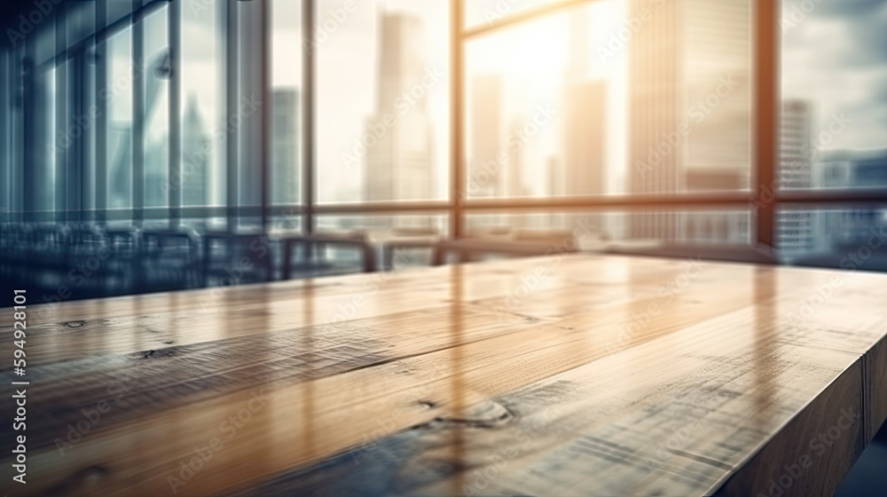 Wood table top on blur glass window wall building background Stock ...