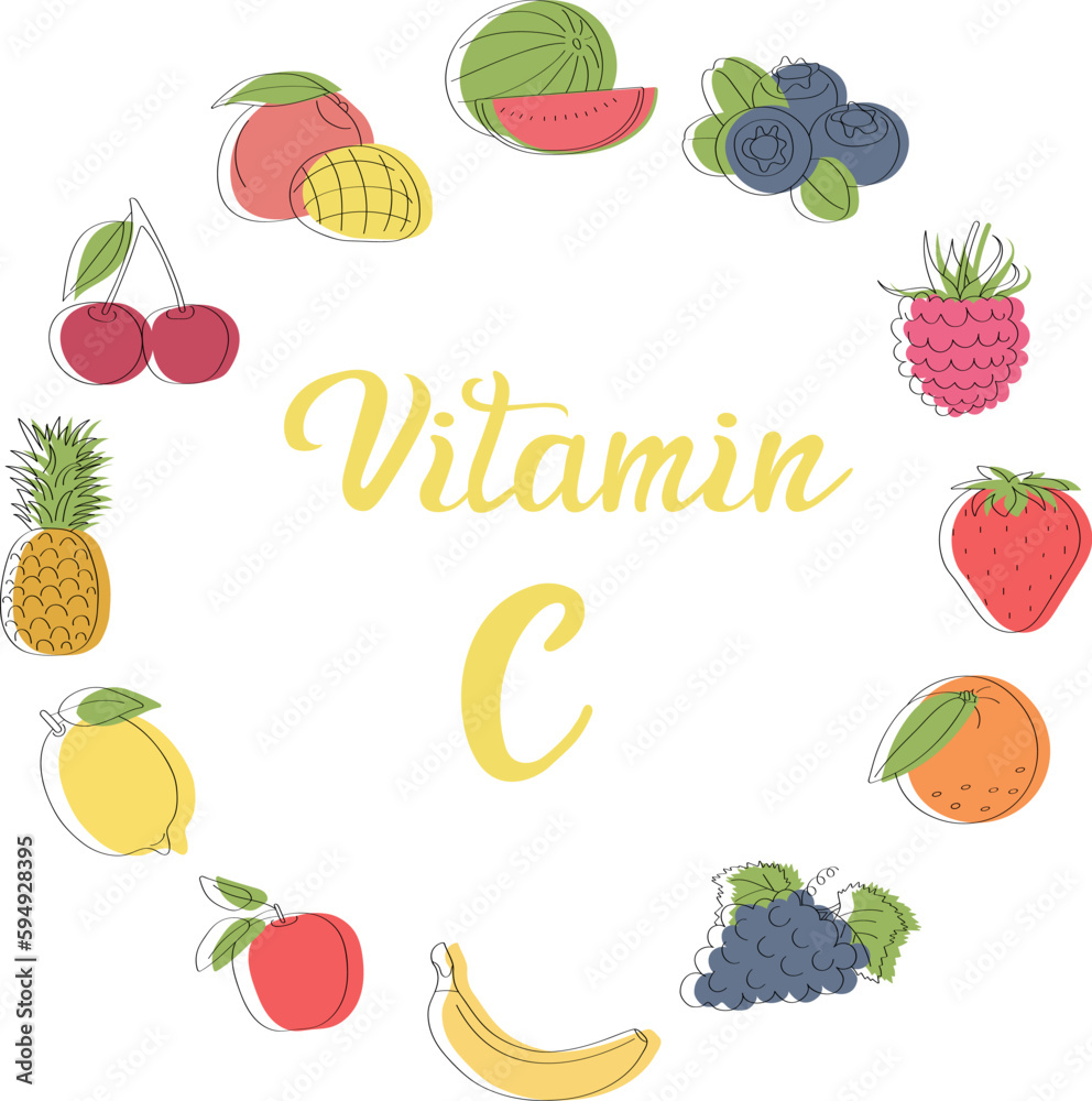Fruits - vitamin C, flat cartoon vector illustration for creating ...