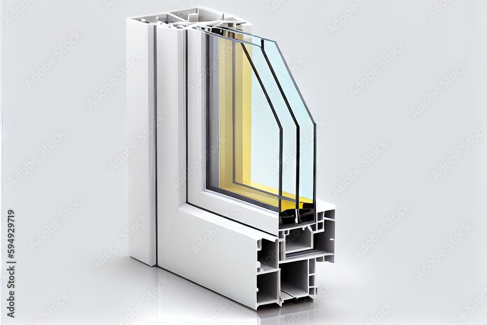 transparent plastic windows profile with double glazing on white ...