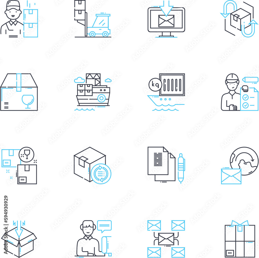 Postman linear icons set. Deliver, Courier, Parcel, Mail, Package ...