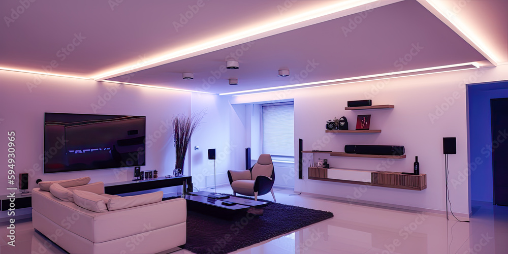 Ultra modern interior with tv screens and sofa. Led lights illumination ...
