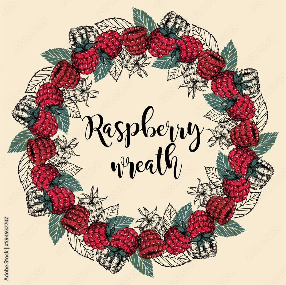 Raspberry vintage wreath. Frame with raspberry berries, and leaves ...